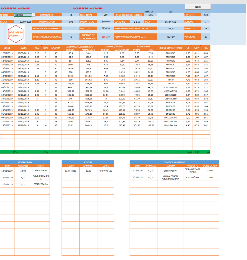 Registros para costos de producción de cerdos en Excel – PORKS Ceba – RUTED